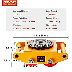 VEVOR 4pcs Machinery Mover, 8T Machinery Skate Dolly, 17637lbs Machinery Moving Skate, Machinery Mover Skate w/ 360° Rotation Cap and 4 Rollers, Heavy Duty Industrial Moving Equipment, Yellow