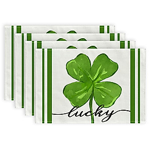 ARKENY St Patricks Day Placemats 12x18 Inches Set of 4, Green Shamrock Spring Seasonal Farmhouse Burlap Indoor Kitchen Dining Table Mats Decorations for Home Party AP032-18