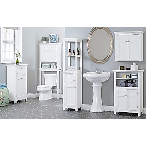 Spirich Home Bathroom Freestanding Storage Cabinet with Two Tier Open Shelves, Tall Slim Cabinet with Door and Drawer, Floor Linen Tower (White)