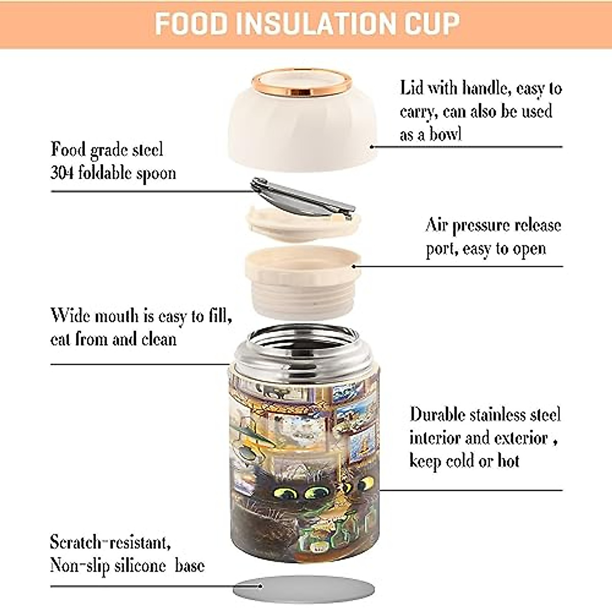 CUPADA Cats Eyes Funny Food Jar, Oil Painting Cute Insulated Hot Food Jars Vacuum 17OZ with Folding Spoon for Work Trip Picnic Camping