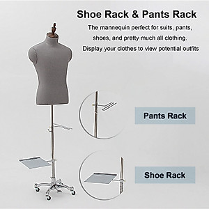 LXLA Rolling Male Mannequin with Wheels Base, Shoe & Pants Rack, Clothing Store Display Manikin Half-Body Adjustable Height, Tailor's Dummy for Cloakroom ( Color : Silver Base Stand )