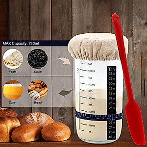 Sourdough Starter Jar with Lid Set, 550ml Glass Round Jar Reusable Wide Mouth Jar with Scale + Silicone Scraper + Cloth Cover for Bread Fermentation Various Flour, 6Pcs