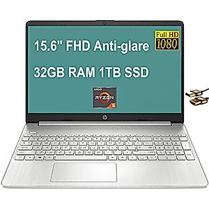HP 15 Business Laptop Computer 15.6 inch Full HD Anti-Glare Display AMD Hexa-Core Ryzen 5 5500U (Beats i7-10510U) 32GB RAM 1TB SSD USB-C Win 10 Natural Silver + HDMI Cable