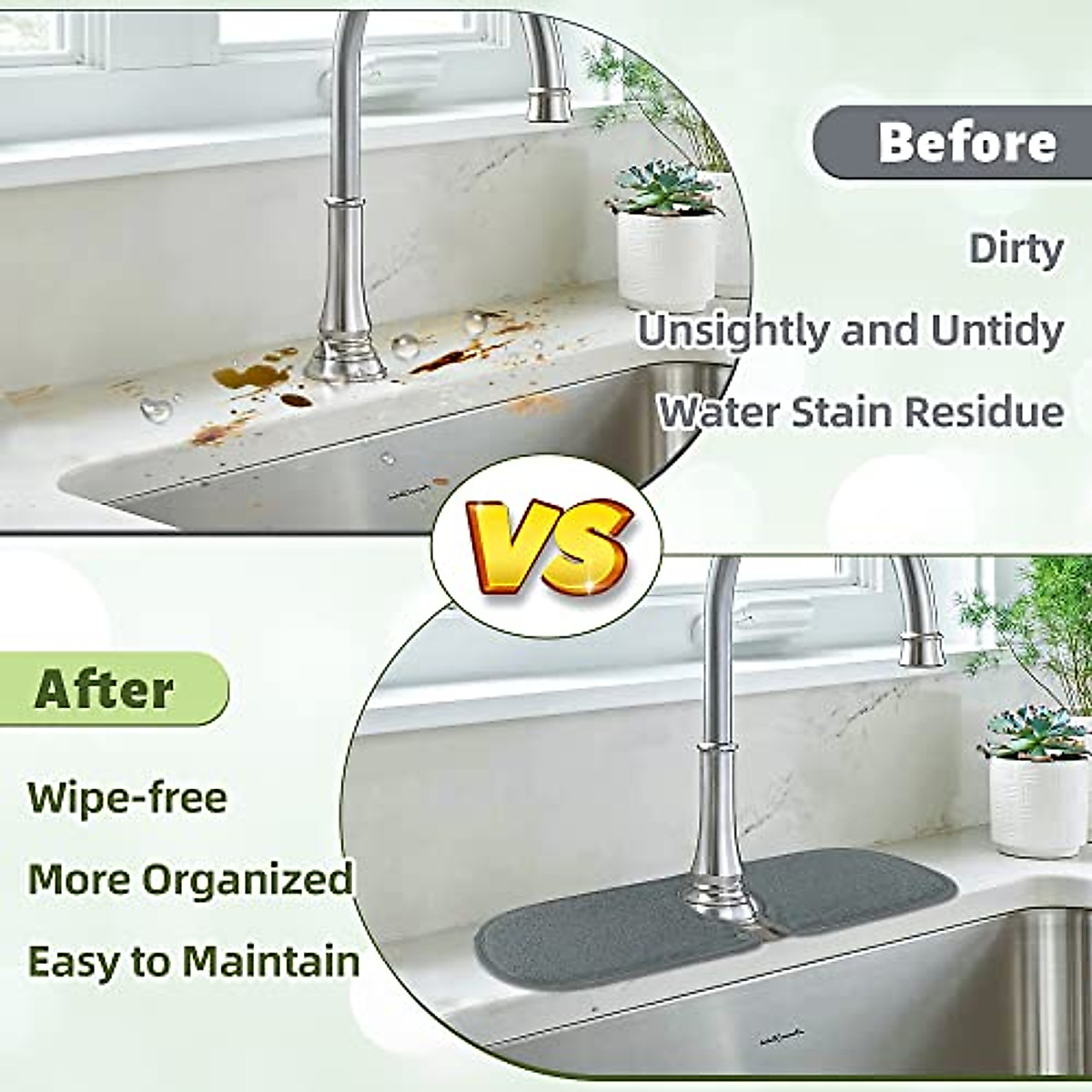 LOPNUR Faucet Mat for Kitchen Sink, 15”x 5” Kitchen Sink Splash Guard Behind Faucet, Sink Faucet Absorbing Mat for Kitchen & Bathroom, Washable Microfiber Faucet Splash Guard for Sink【Grey, 2 Pack】