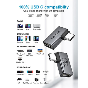 XAOSUN Right Anlge USB C Adapter, 90 Degree USB C to C Adapter 240W 40Gbps, USB C Male to USB C Female Thunderbolt 4 Adapter for MacBook,Tablet,Docks,rog Ally,steam Deck (2 Pack)