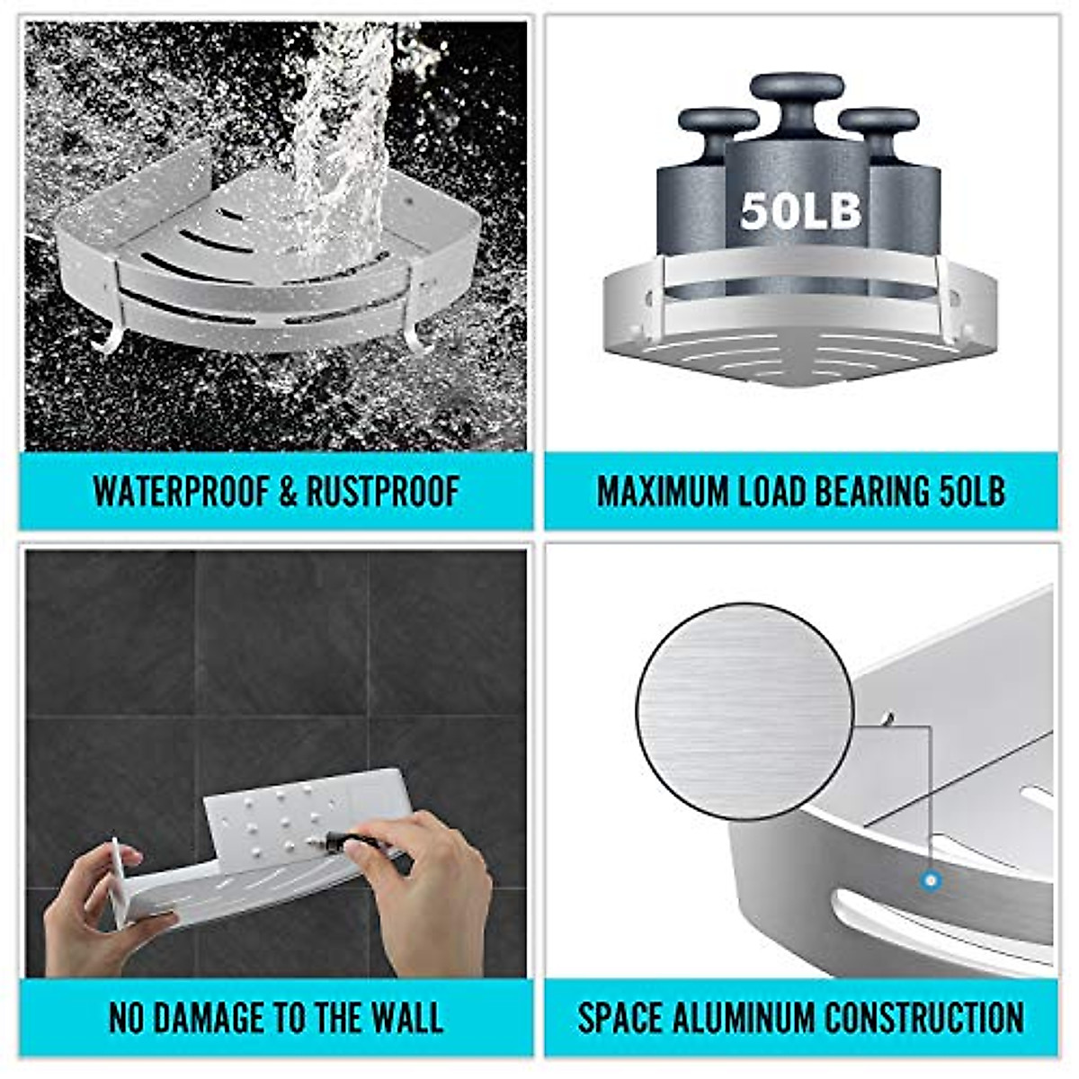 SEVENS No Drilling 2 Tiers Bathroom Corner Shelf Organizer for Shower Kitchen Storage Durable Space Aluminum Shower Caddy with Removable Hooks