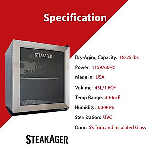 SteakAger PRO 20 Starter Pack - Home Beef Dry Aging Refrigerator, Enjoy Dry-Aged Steak Perfection at Home, Black and Stainless Steel with 20Lbs Capacity