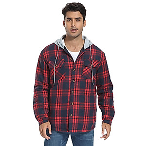 PEGENO Men's Long Sleeve Plaid Button Quilted Lined Flannel Shirt Jacket with Hood（Red Grid-US X-Large）