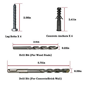 Lag Bolt Kit for Mounting TV Bracket Into Wood Or Concrete - Includes Heavy Duty Bolts, Fischer Concrete Anchors and 2 Drill Bits