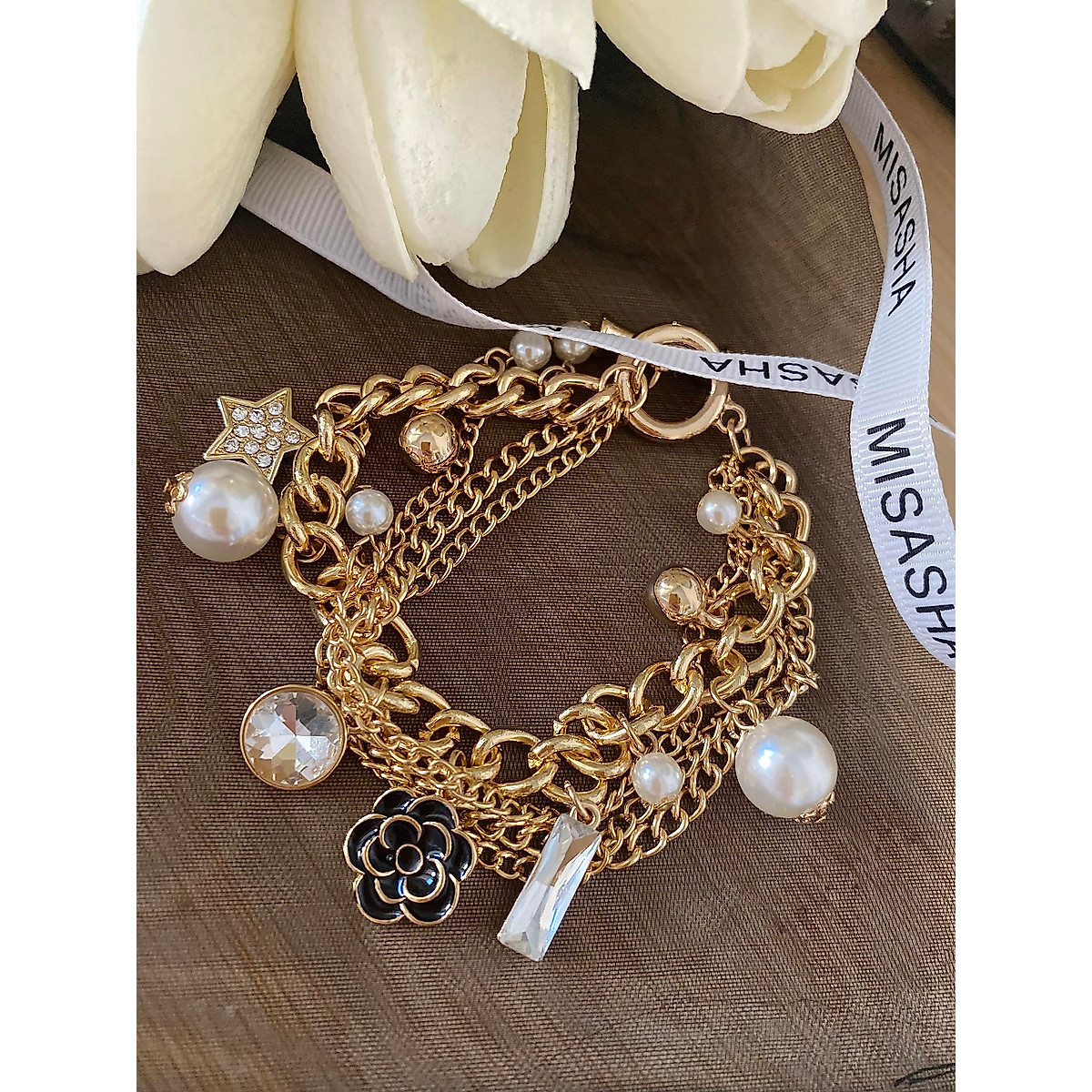 Fashion Jewelry designer inspired statement gold tone chain boho chic charm bracelet for women (Clover)