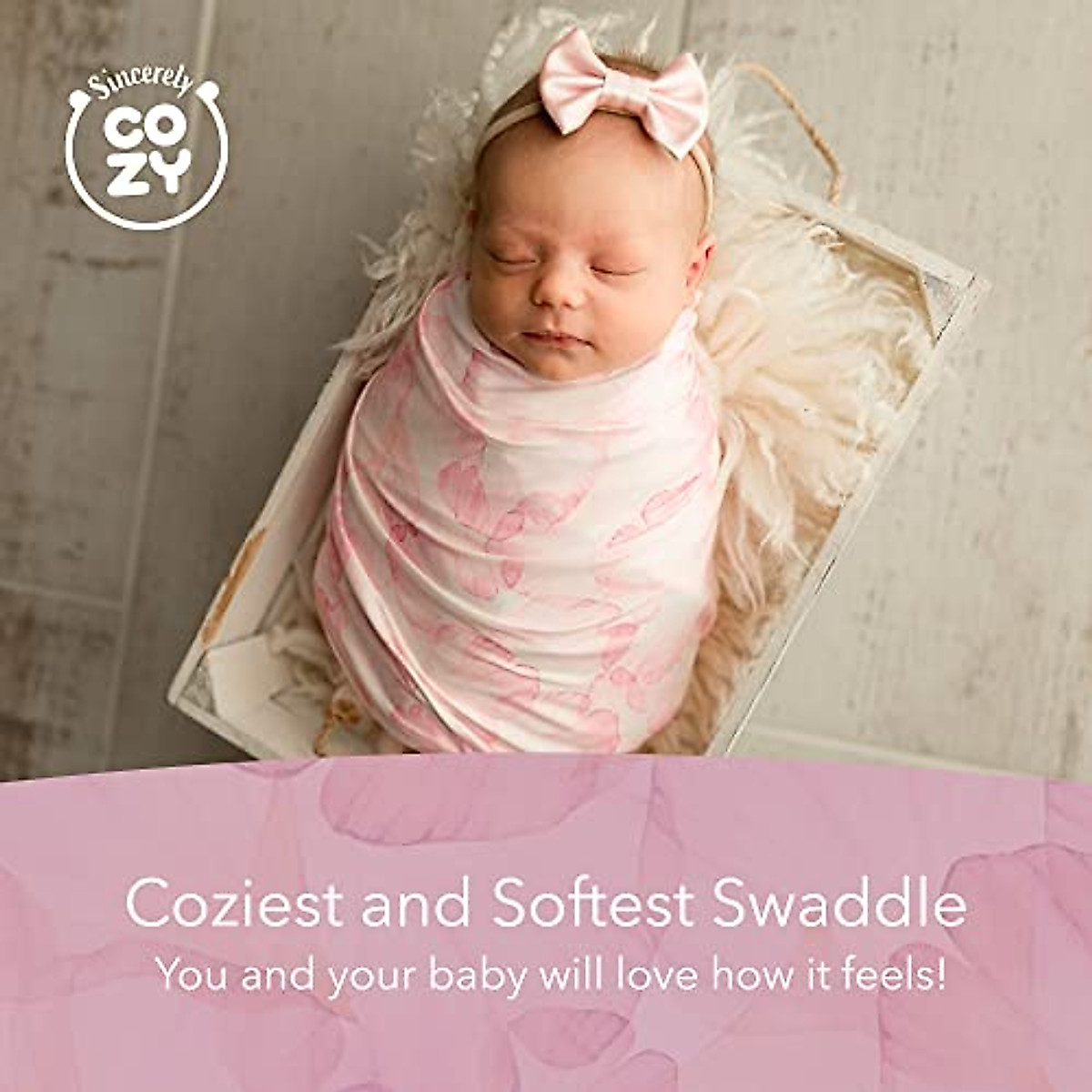 SINCERELY COZY – Baby Swaddle Blankets, Newborn Swaddle and Headband Set for 0-3 Months, Newborn Blankets for Baby Girls, Made of Bamboo Rayon, Rose Petal Love