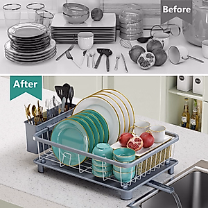 Hiviweer Dish Drying Rack - Space-Saving Dish Rack,Dish Racks for Kitchen Counter with Drainboard, Rustproof Dish Drainer with a Removable 4-Compartment Utensil Holder,Gray