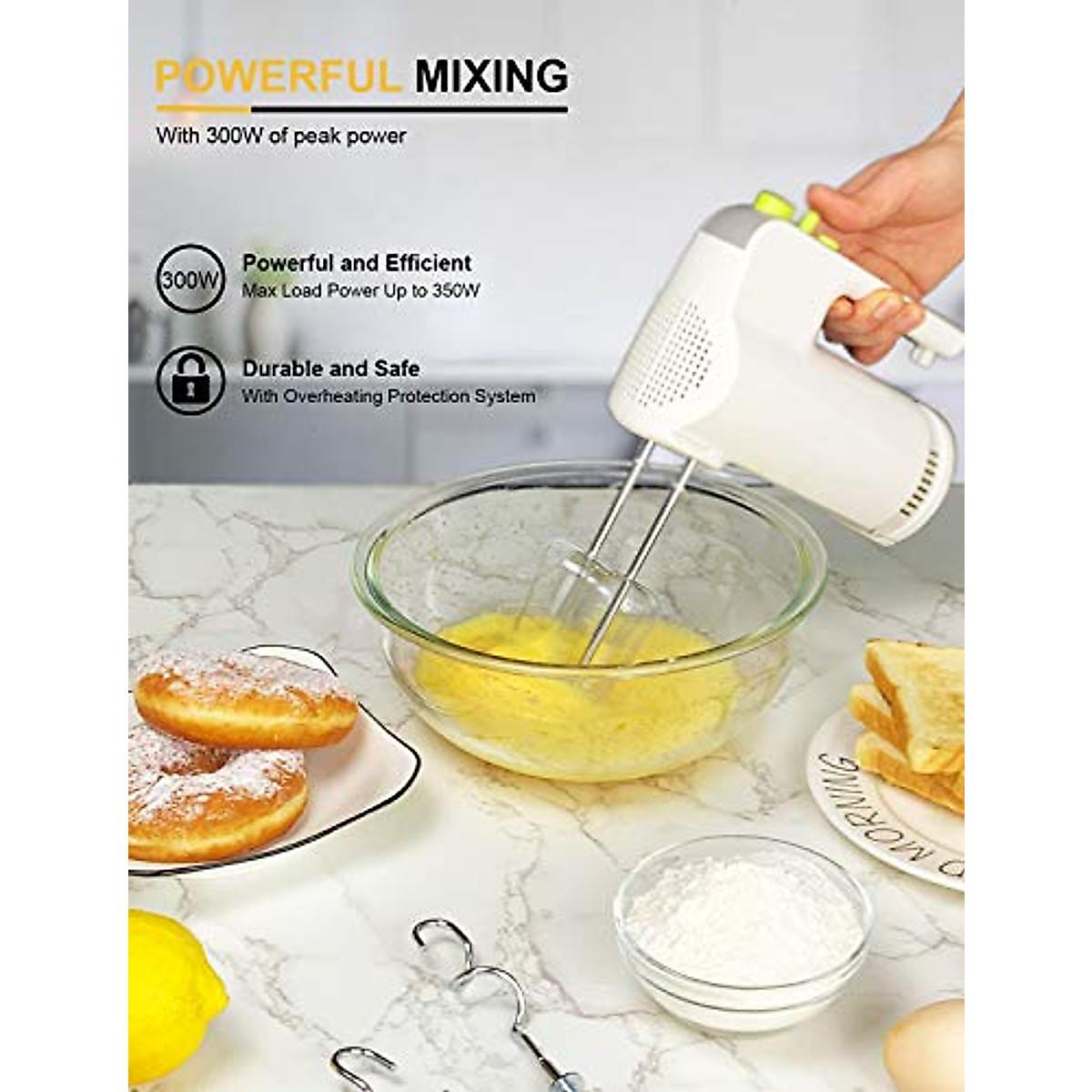 Hand Mixer Electric, MOSAIC Mixer with Cord & Attachments Storage and 4 Stainless Steel Accessories, Easy Eject Handheld Mixer for Whipping Mixing Cookies, Brownies, Cakes, Dough (White)