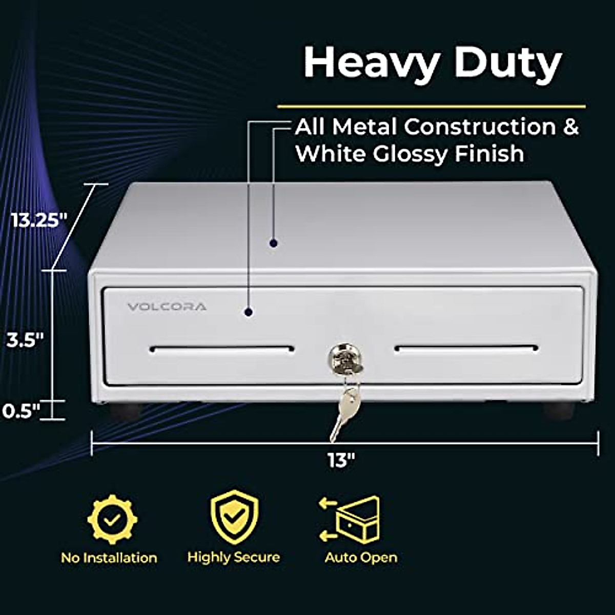 13" Cash Register Drawer for Point of Sale (POS) System with 4 Bill 5 Coin Cash Tray, Removable Coin Compartment, 24V, RJ11/RJ12 Key-Lock, Media Slot, White - for Stores, Shops, and Businesses
