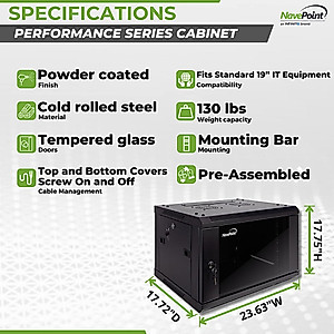 NavePoint 6U Server Cabinet Wall Mount Rack Enclosure Includes 2 Fans, Locking Glass Door, Removable Side Panels – 6U Network Cabinet 17.7” Deep, 19 Inch Server Rack for IT and A/V Equipment