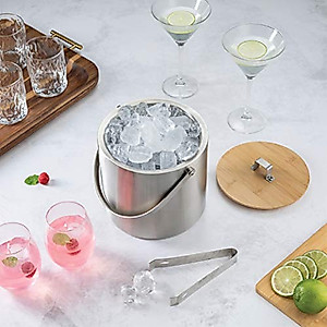 Double- Wall Stainless Steel Insulated Ice Bucket With Lid and Ice Tong - [3 Liter] Modern Bamboo Lid With Built-In Tongs- Comfortable Carry Handle- Great for Home Bar, Chilling Beer Champagne