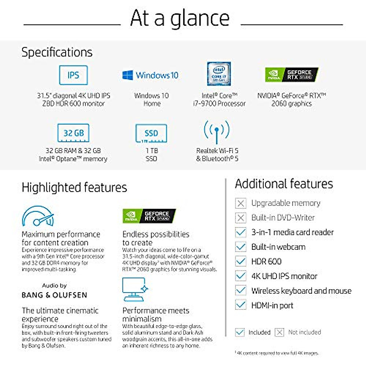 HP ENVY 32 All-in-One PC, 9th Gen Intel Core i7-9700 Processor, 4K UHD monitor, NVIDIA GeForce RTX 2060 graphics (6 GB), 32 GB RAM, 32 GB Intel Optane, 1 TB SSD, Windows 10 (32-a0040, Black) (6YR48AA)