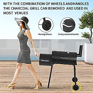 GINMAON Charcoal Grills Outdoor, Portable BBQ Grill Offset Smoker Combo with Wheels & Cover, Heavy-duty Barbecue Cooking Grill with Side Fire Box for 6-10 People Backyard Camping Picnic Patio, Black