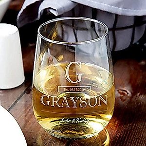 Personalized Wedding Wine Glass, Premium 21oz Stemless Wine Glass Laser Engraved with your Wedding or Anniversary Information! Customized Gifts for Women Anniversary Gifts or Couples Gifts