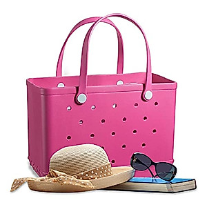 SKoosB Large Beach Bag, Waterproof Tote Bag for Women, Durable Rubber Beach Tote Bag, Portable Travel Handbag, Washable Beach Storage Basket for Beach Pool Sports(Rose Red)