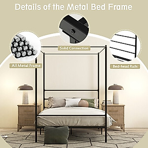 GOFLAME Full Size Metal Canopy Platform Bed Frame, Modern Canopy Bed with 4 Posters, Underbed Storage, Mattress Foundation with Steel Slat Support and Headboard, Easy Assembly, No Box Spring Needed