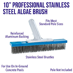 U.S. Pool Supply Professional 10" Stainless Steel Pool Brush with EZ Clip Handle - Durable Bristles, Scrub Remove Calcium Buildup, Rust Stains on Concrete - Sweep Debris from Walls, Floors Steps