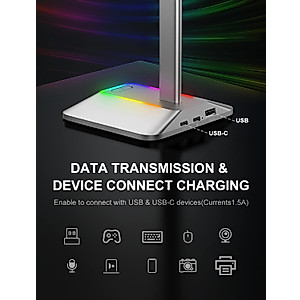 New bee RGB Headphone Stand with 1 USB-C Charging Port and 1 USB Charging Port, Desk Gaming Headset Stand with 7 Light Modes and Non-Slip Rubber Base Suitable for All Earphone Accessories (Silver)