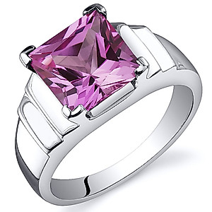 PEORA Created Pink Sapphire Engagement Ring in Sterling Silver, Tiered Solitaire, 3.25 Carats Princess Cut, 8mm, Comfort Fit, Size 7