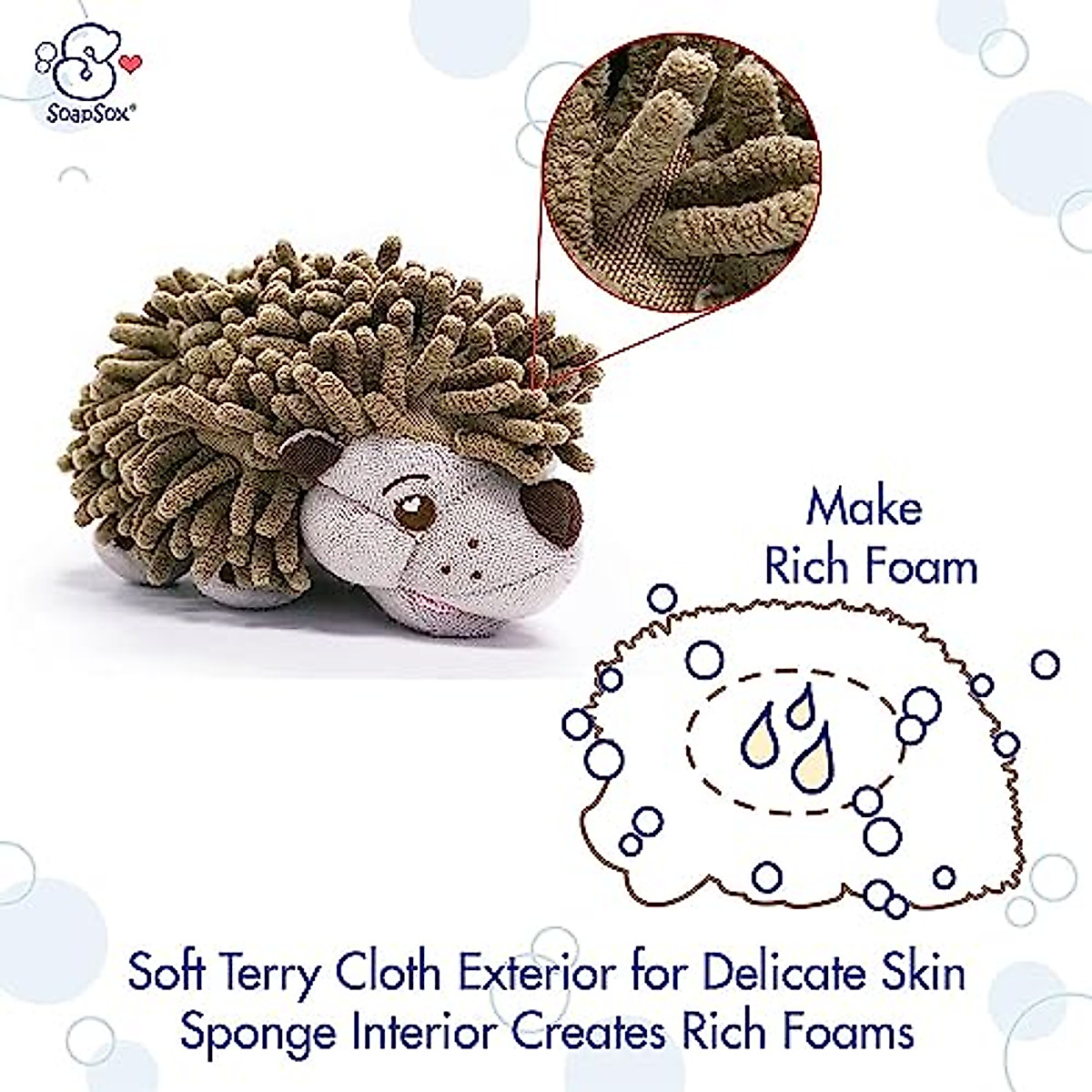 SoapSox Kids Exfoliating Bath Scrub (Hendrix The Hedgehog) - Soft Animal Toy Wash Cloth Sponge with Soap Pocket Insert - Fun Loofah Characters for Babies, Kids and Children