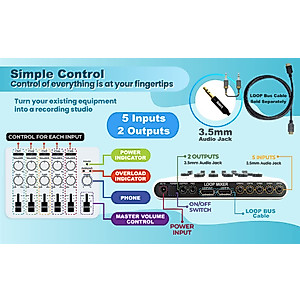 Maker Hart LOOP MIXER - Portable Audio Mixer with 5 Channel stereo inputs, 3 Outputs via 3.5mm jack. Including a Mono to Stereo DM2S Adapter.
