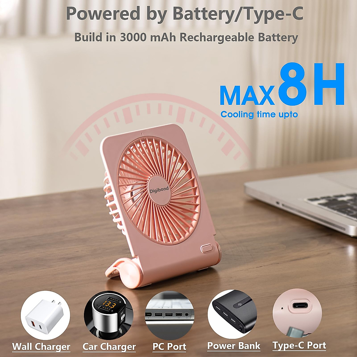 Digibond Pink Mini Desk Fans Small Quiet, 3000mAH Rechargeable High Power USB Fan for Desk Top/Office/Bedroom 4 Speed 5in 225° Rotated Foldable Easy Clean