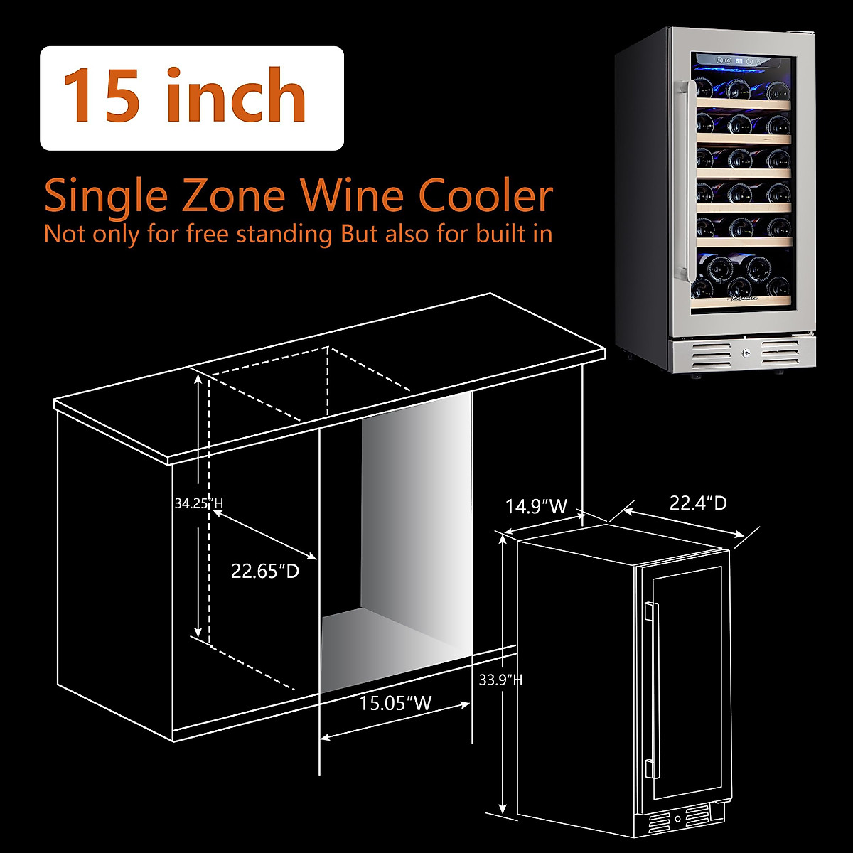 Kalamera 15” Wine Cooler and Fridge |30 Bottle Built-in & Freestanding Single Zone Wine Refrigerator |For Kitchen or Bar with Blue Interior Light |Temperature Memory Function