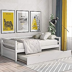 Hanway Solid Pine Wood Frame Twin Daybed with Pull Out Trundle, Twin Size Trundle Daybed/Twin Daybed Frame Wood, No Box Spring Needed, Easy Assembly (White)