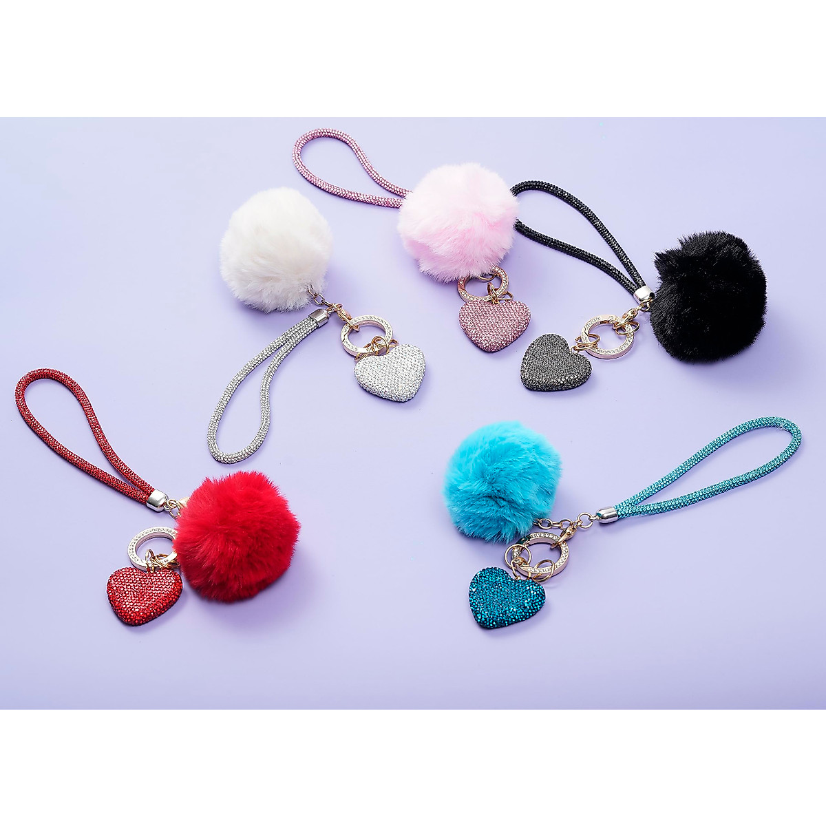 HONYJOOM Pink Heart Keychains for Women, Cute Bling Wristlet Accessories Girly Aesthetic Key Chain Charms for Car Keys, Backpack Puff Ball