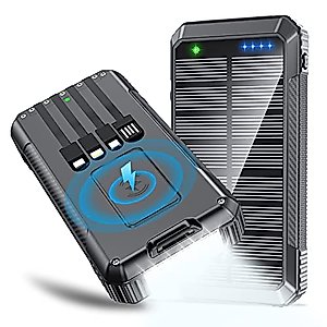 DJKK Solar Power Bank Wireless Charger 33800mAh Built in 4 Cables and LED Camping Lights 22.5W Fast Charging Power Bank 7 Outputs 4 Inputs Portable Charger Compatible with All Mobile Devices