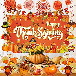 Trgowaul Happy Thanksgiving Day Decorations, 29pcs Orange thanksgiving Party Supplies, Give Thanks Banner Backdrop, Hanging Swirls&Paper Fan Flower Swirl Autumn Balloons, Fall Party Decorations Set