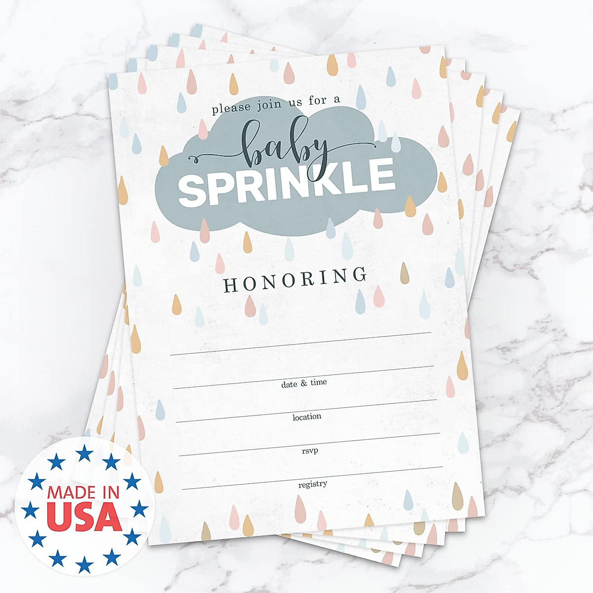 Canopy Street Raindrops Baby Sprinkle Invitations / 25 Fill In Baby Shower Cloud Invites / 5" x 7" Flat Modern Rainbow Baby Shower Party Invitation/Made In The USA
