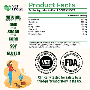 Hemp Hip and Joint Supplement for Dogs - Glucosamine for Dogs -Made in USA- 120 Treats Pain Relief Anti Inflammatory - Chondroitin, MSM, Hemp Oil - Dog Joint Supplement w/Arthritis Relief + Mobility