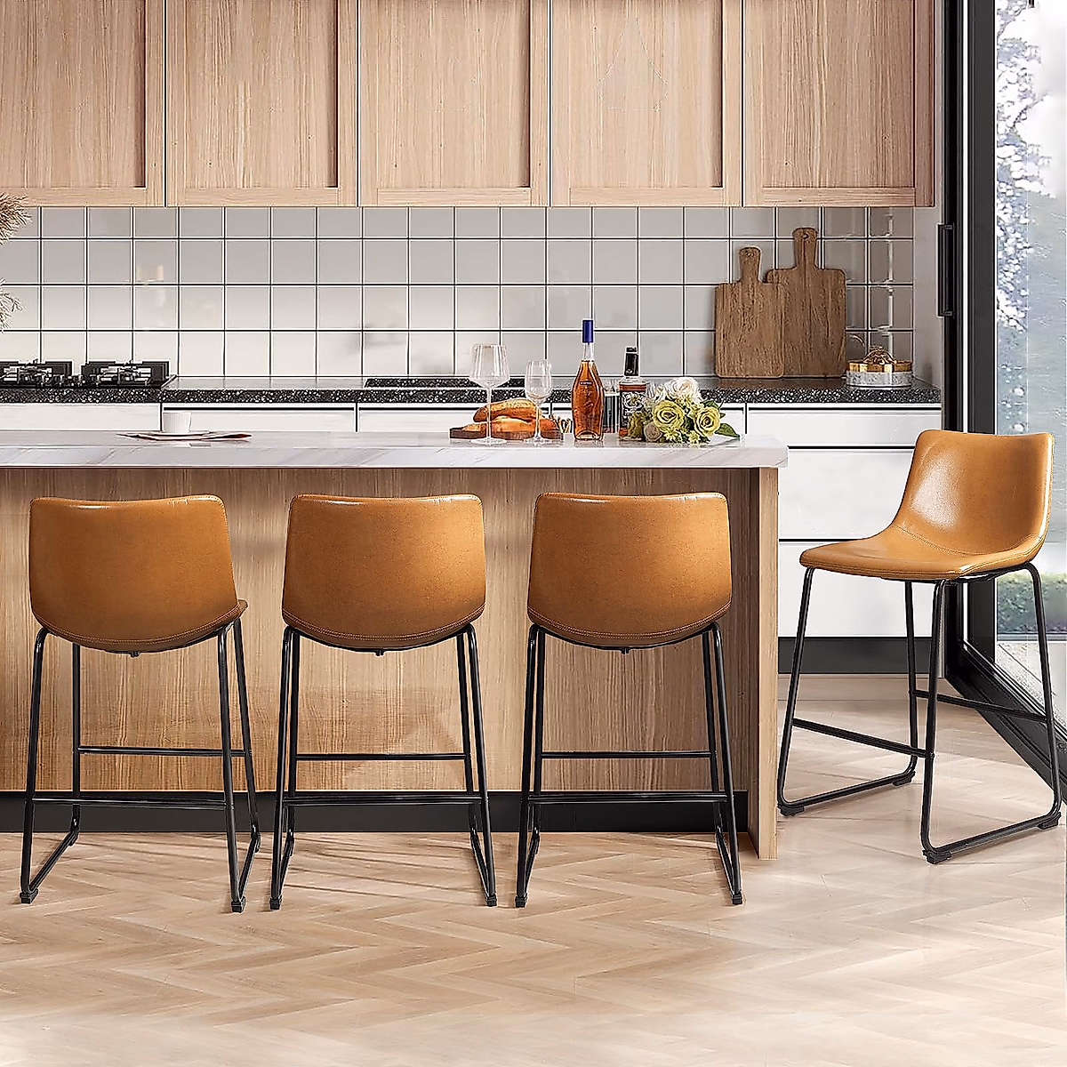 Waleaf 26 inch Bar Stools Set of 4,Counter Height Bar Stools with Back, Modern PU Leather Stools with Metal Leg and Footrest (Whisky, 4 Pcs 26" Counter Height Barstools)