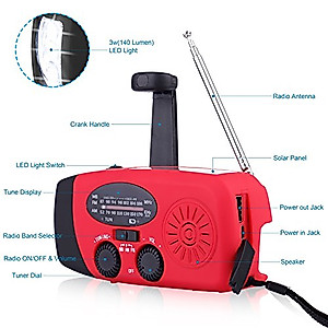 Solar Hand Crank Emergency Weather Radio,NOAA/AM/FM Portable Radio with 3 LED Flashlight 2000mAh Power Bank Cellphone Charger