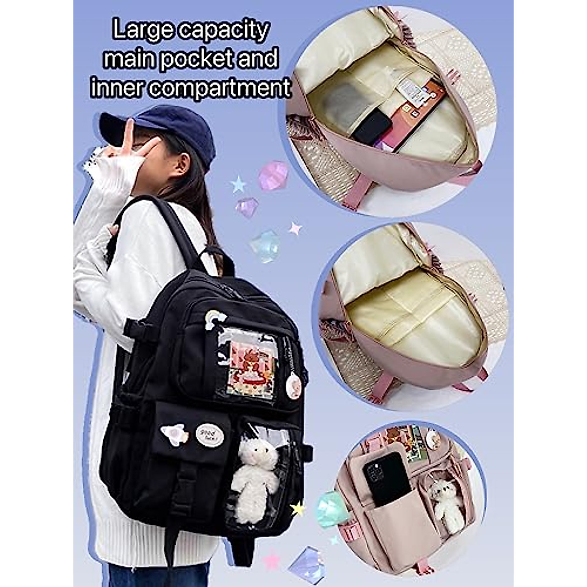 Romlvy Kawaii Backpack with Cute Accessories Aesthetic Multi Pockets Large Capacity Outdoor Backpack Daypack Laptop Backpack (Black)