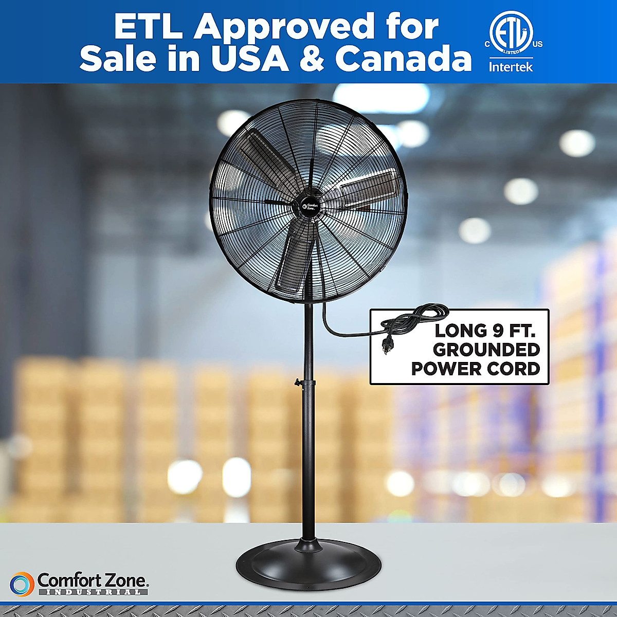 Comfort Zone CZHVP30 30” High-Velocity 3-Speed Industrial Pedestal Fan with Aluminum Blades and Adjustable Height, Black