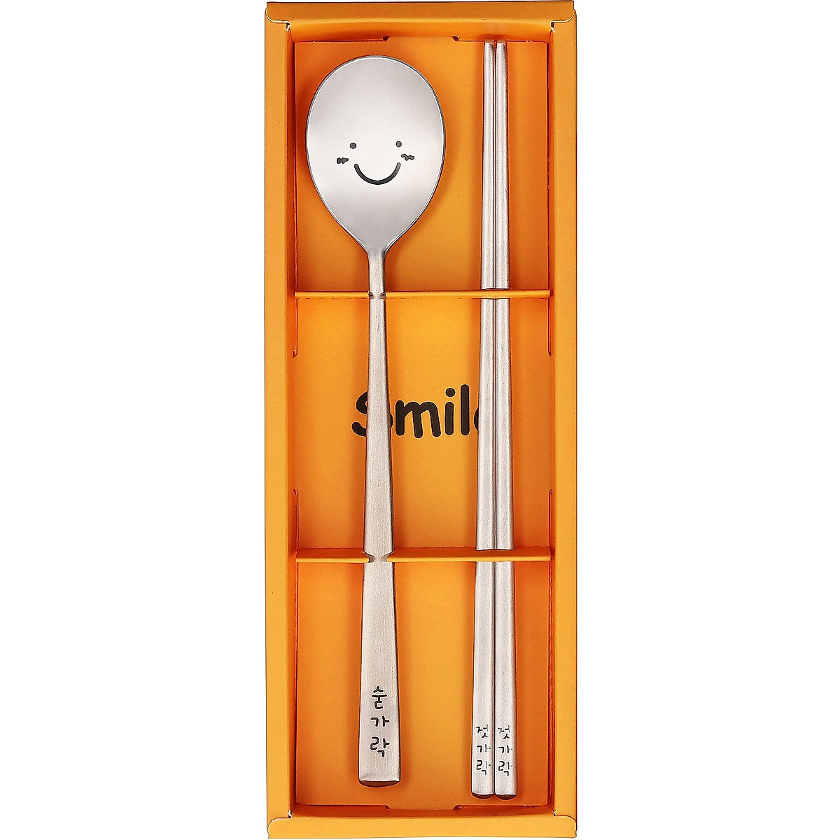 BAPMOO Korean Chopsticks and Spoon Set Combinations Reusable Long Handle Metal Stainless Steel Good for Gift Happy Face & Hangul Characters Engraved Silver