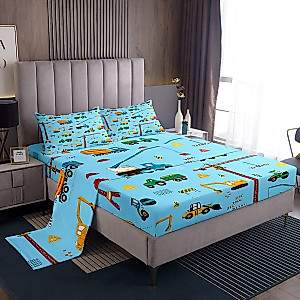 Colorful Excavator Bed Sheet Set Construction Vehicles Bedding Set Equipment Trucks Pattern Fitted Sheet Cartoon Car Flat Sheet for Kids Boys Girls 4Pcs with 2 Pillow Case Queen Size