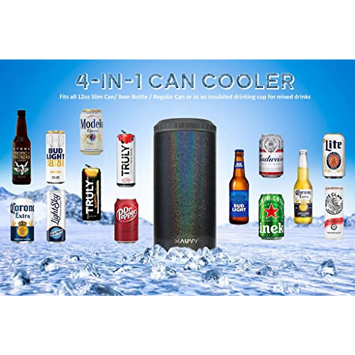4 in 1 Insulated Slim Can Cooler with lid for 12 Oz Tall Skinny Can, Regular Can, Beer Bottle - Stainless Steel Double Walled Can Insulator Beer Coozy for Cans Koozie Coozies (Glitzy Black)