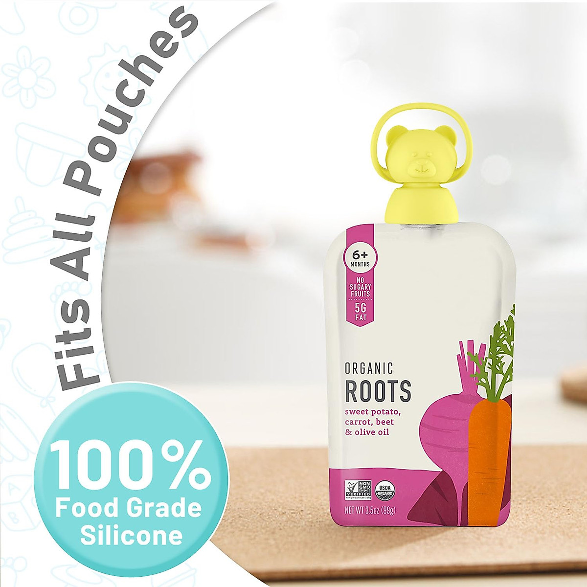 Giichen Soft Sip Food Pouch Topper - BPA Free Silicone Food Pouch Tops for Baby Prevent Spills, Food Grade Toddler Pouch Lids Protects Childs Mouth, 4 Pack Bundle (Blue, Green, Yellow, Orange)