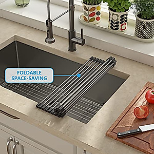 Lordear Black Roll Up Dish Drying Rack Foldable Over The Sink Dish Rack Anti-Slip Silicone Coated Steel Dish Drainer for Kitchen Counter Roll Up Sink Drying Rack, 19.53"x10.75"