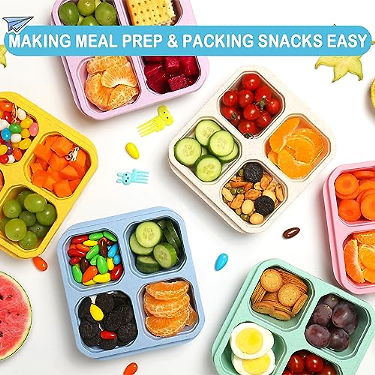6 Pack Snack Containers, 4 Compartment Divided Snack Container for Kids, Bento Snack Box for Adults, Reusable Meal Prep Lunch Containers with Compartments, Small Bento Box for Work Travel
