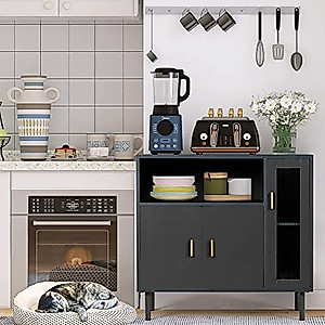 LAZZO Storage Cabinet Credenza Sideboard Buffet Cabinet with Glass Doors Free Standing Entry Coffee Bar Cabinet for Living Room, Hallway, Kitchen and Dining Room Grey