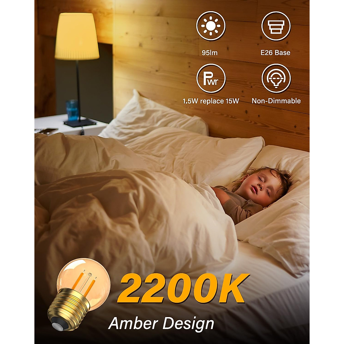 TobeBright 1.5Watt Low Watt LED Light Bulbs Equivalent to 10 Watt Night Light Bulbs,E26 Standard Base G40 Small Globe Light Bulbs,2200K Soft Warm Light Bulb for Bedroom,Amber Glass,Non-Dimmable,4Pack